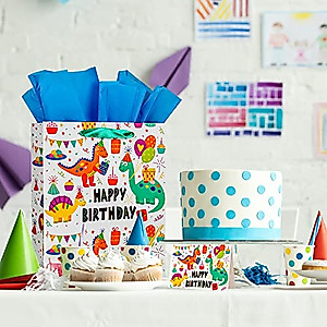 12.6" Large Happy Birthday Gift Bags with Tissue Papers and Card for Boys Girls and Kids(Dinosaur)