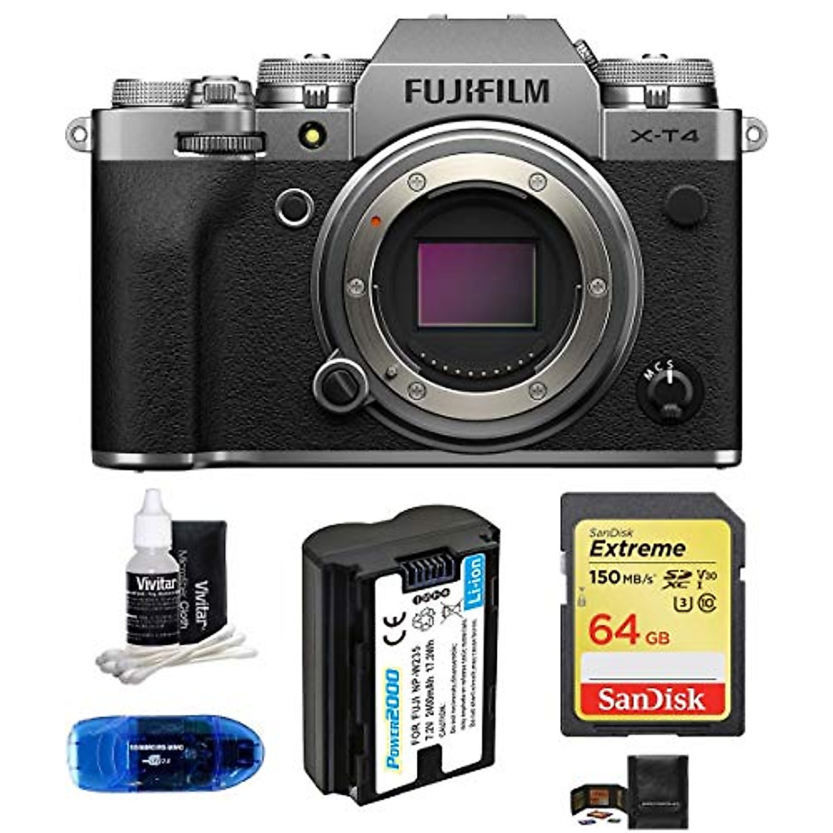 Fujifilm X-T4 Mirrorless Digital Camera Body (Silver) Bundle, Includes: SanDisk 64GB Extreme SDXC Memory Card, Spare Battery + More (6 Items)