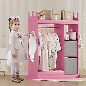 Glaf Kids Dress Up Storage with Mirror, Kids Armoire Wardrobe with 2 Storage Bin and 3 Hooks, Open Hanging Kids Closet for Girls Boys for Dress Up and Costumes (Pink)