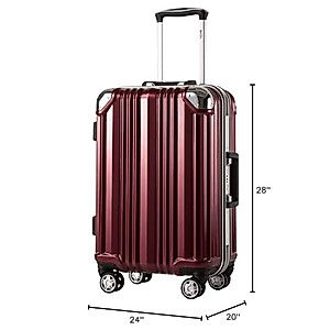 Coolife Luggage Aluminium Frame Suitcase TSA Lock 100% PC 20in 24in 28in (Wine red, M(24in))