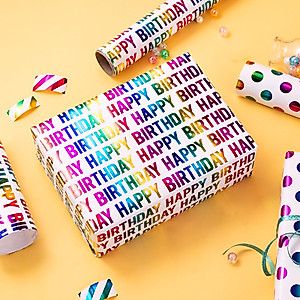 WRAPAHOLIC Birthday Wrapping Paper Roll - Mini Roll - 3 Rolls - 17 inch x 120 inch Per roll - Colorful Foil Birthday Design for Party, Holiday, Baby Shower
