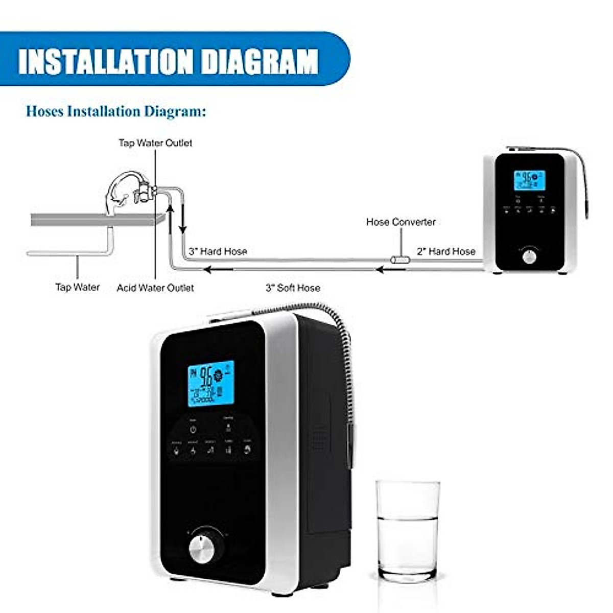 AQUALKA Water Ionizer & Purifier Machine PH 3-11 Alkaline Acid / 7 Water Settings Up to / - 800mV ORP/ 12000 Liters Per Filter/Auto-Cleaning-LCD Touch Water Filter