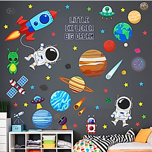 DECOWALL DS9-8058 Outer Space Wall Decals Stickers Kids Bedroom Room décor Nursery Boys Galaxy Stars Astronaut Planets Solar System Dark Removable Decoration Living Spaceship Window Art Mural Peel