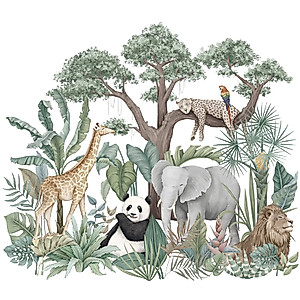 Tropical Green Plant Jungle Animal Wall Stickers, Removable Large Tree Vinyl Wallpaper Decal, DIY Art Murals for Kids Bedroom Nursery Home Decor (A)