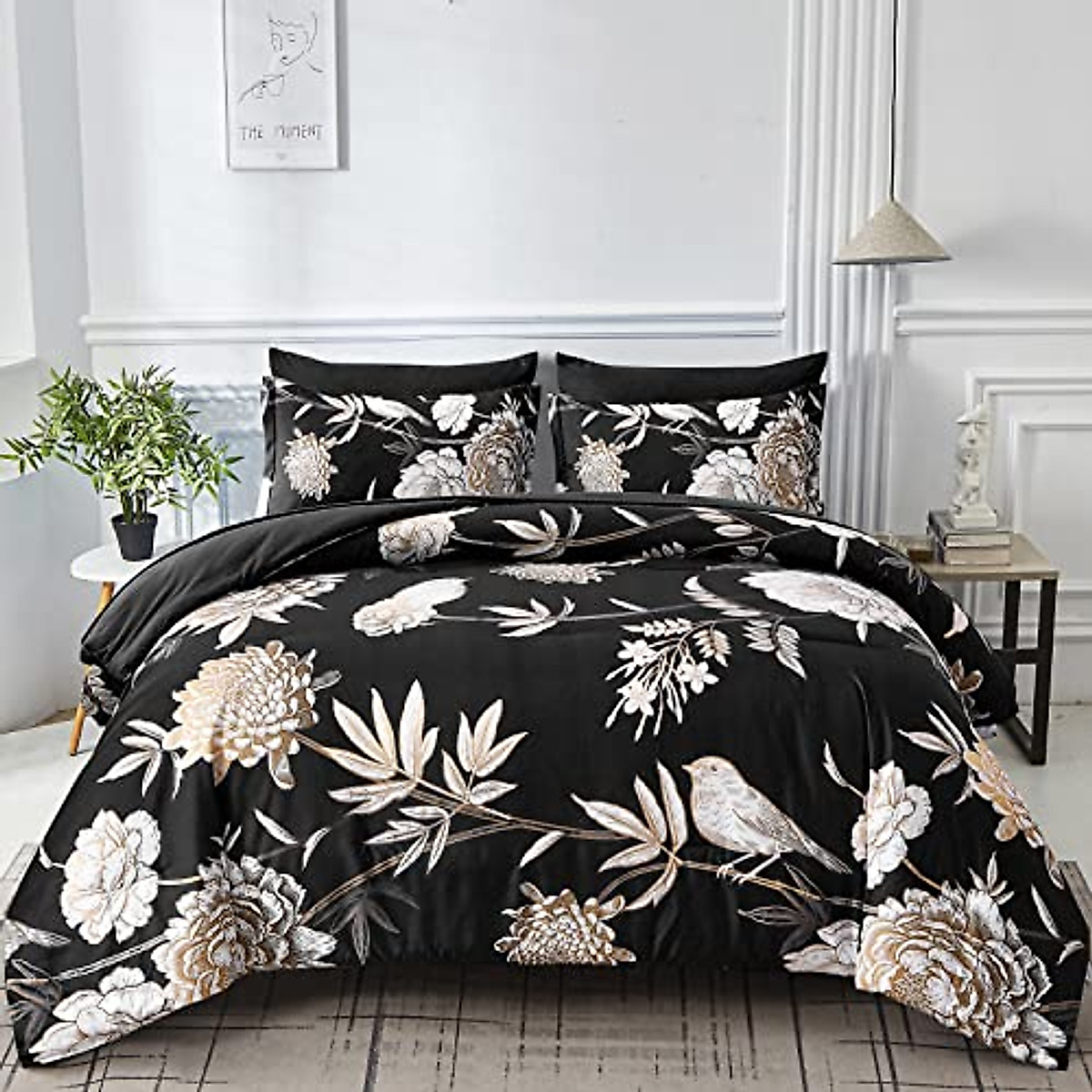 Black Floral Comforter Set Queen Size 7 Pieces Bed in a Bag, Flower and Birds Printed on Black Bedding Set Botanical Pattern Comforter and Sheet Set,Soft Microfiber Complete Bedding for All Season