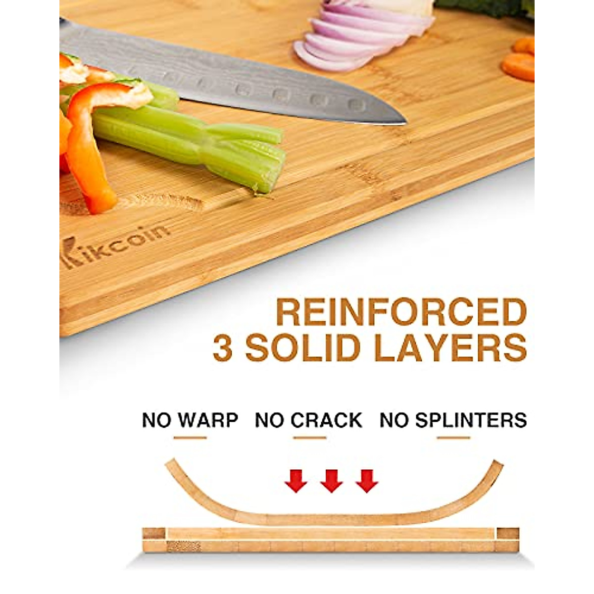 Bamboo Cutting Board, 3-Piece Kitchen Chopping Board with Juice Groove and Handles Heavy Duty Serving Tray Wood Butcher Block and Wooden Carving Board,Large,Kikcoin