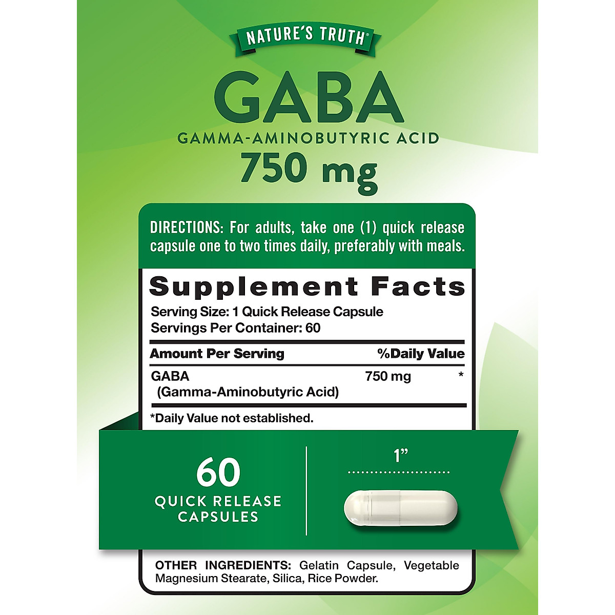 Nature's Truth GABA 750mg | 60 Capsules | Gamma Aminobutyric Acid Supplement | Non-GMO & Gluten Free Supplement