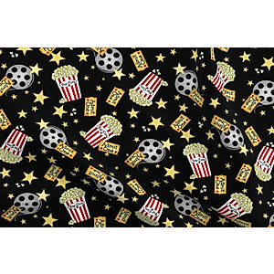 Spoonflower Fabric - VIP Night Theater Popcorn Black Yellow Stars Red Gold Novelty Printed on Petal Signature Cotton Fabric Fat Quarter - Sewing Quilting Apparel Crafts Decor