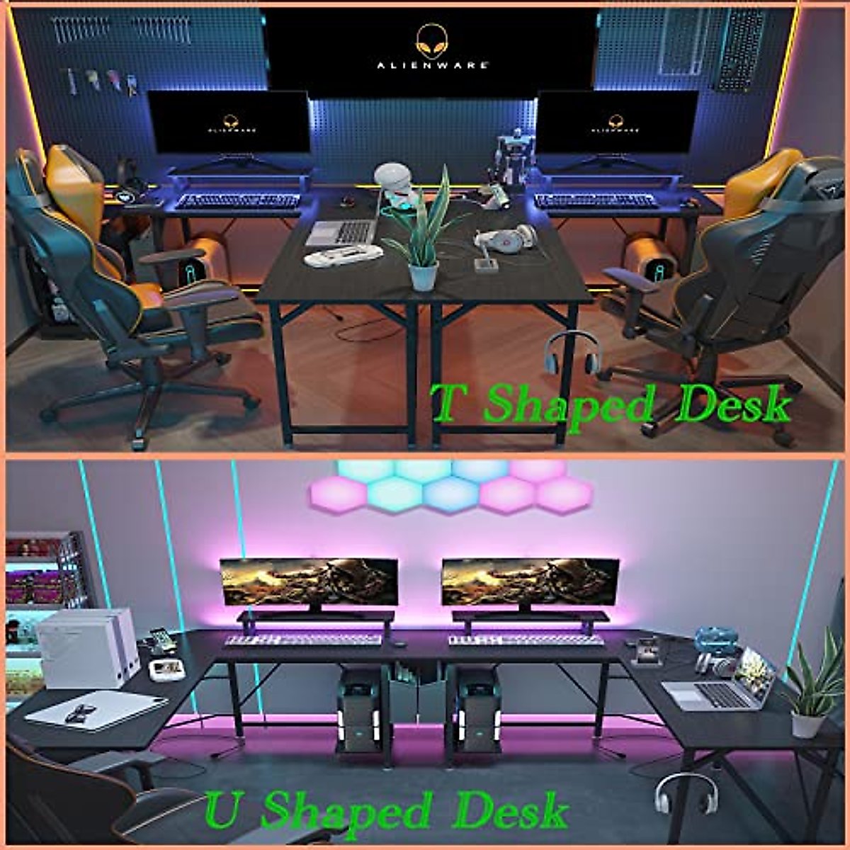 SZXKT Gaming Desk with Monitor Stand and Power Outlets,l Shaped Desk with Storage and LED Lights,Home Office Reversible Corner Computer Desk with Hooks (Black)