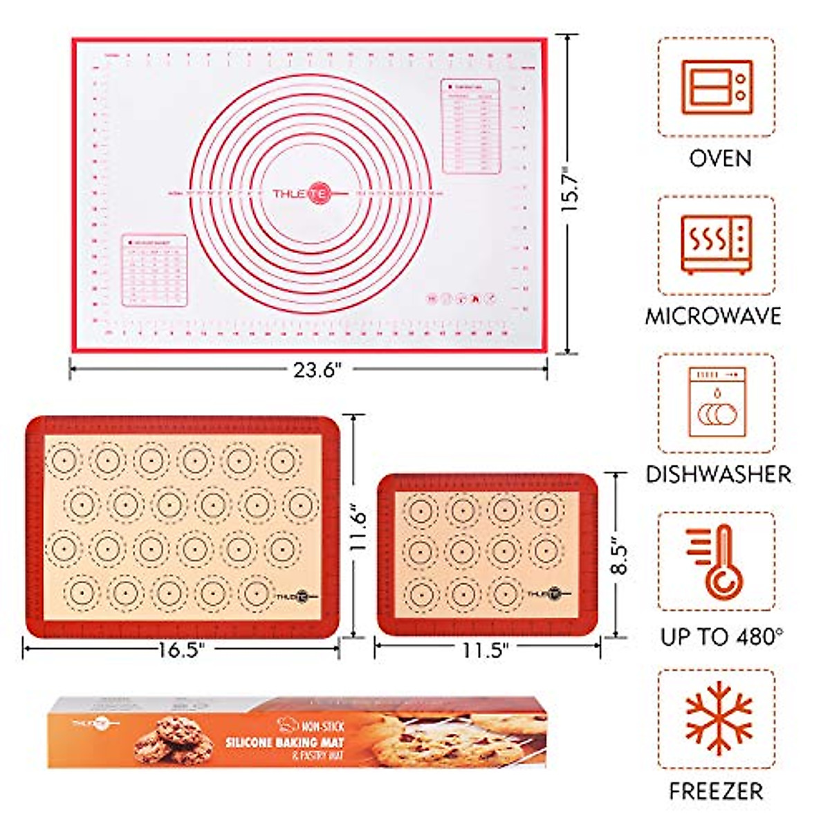 THLEITE Non Stick Silicone Baking Mat - Macaron Silicone Baking Mat & Pastry Mat with Measurement (5-Piece Set), 2 Half Sheet + 2 Quarter Sheet + 1 Pastry Mat - Macaroon/Pastry/Pizza/Cookie Making