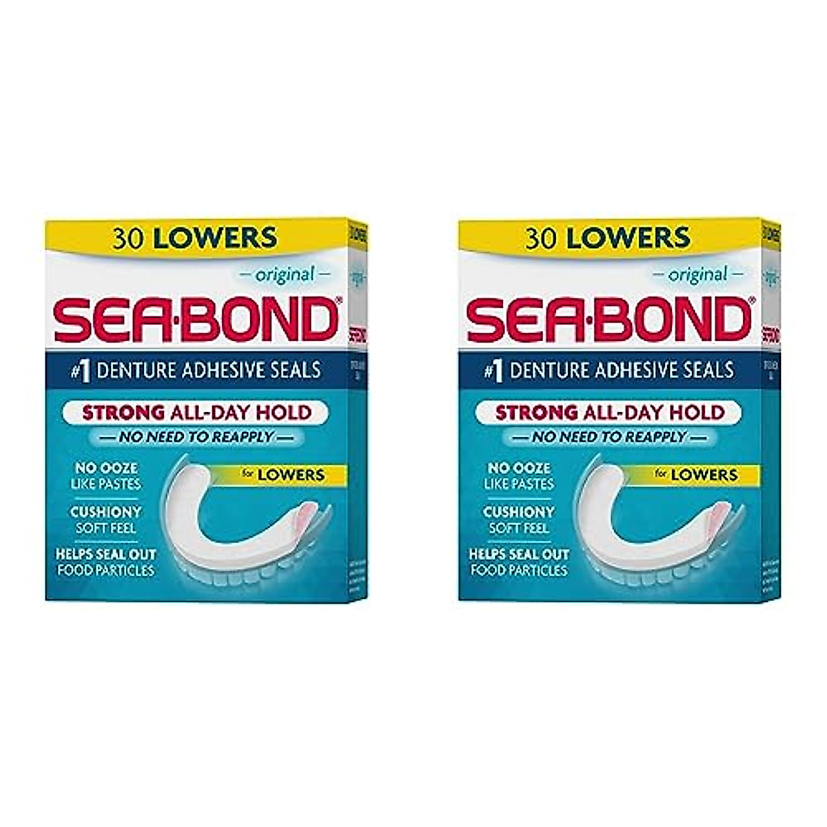 Sea Bond Secure Denture Adhesive Seals, Original Lowers, Zinc-Free, All-Day-Hold, Mess-Free, 30 Count (Pack of 2)