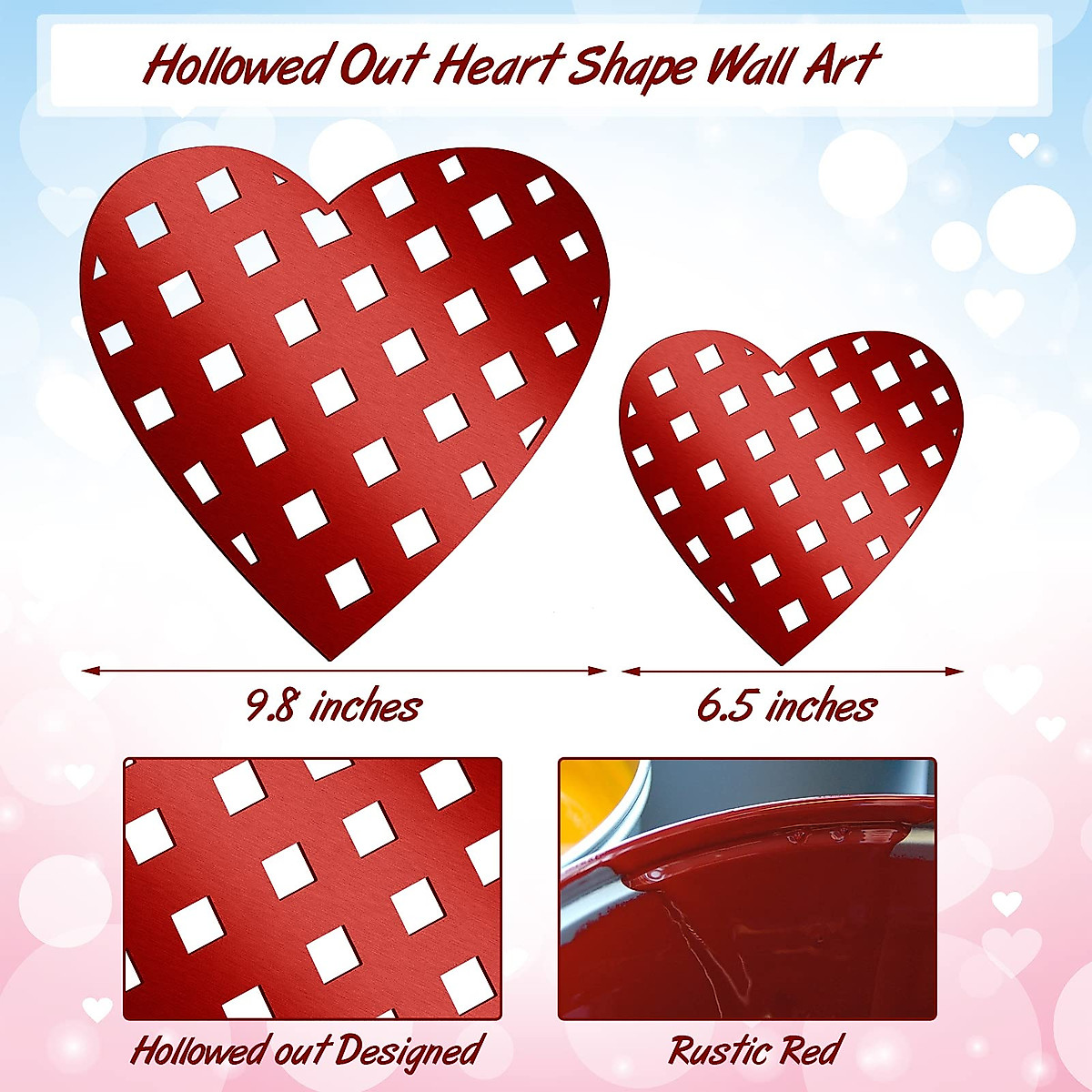 2 Pieces Metal Hollowed Out Heart Wall Decor Distressed Style Heart Shape Sign Rustic Heart Shape Hanging Wall Art for Outdoor Indoor Home Living Room Bedroom Garden Yard Decoration (Rustic Red)