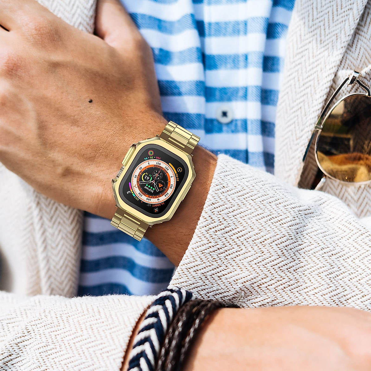 Compatible with Apple Watch Ultra 2 Band and Case, Stainless Steel Metal Chain with TPU Cover, Smart-Watch Link Bracelet Strap for men, Wrist-Band for i-Watch Ultra, 49mm, Gold