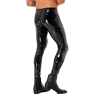 TSSOE Men Shiny Wetlook Patent Leather Skinny Pants Tight Zipper Crotch Clubwear Motor Biker Leggings Black Small