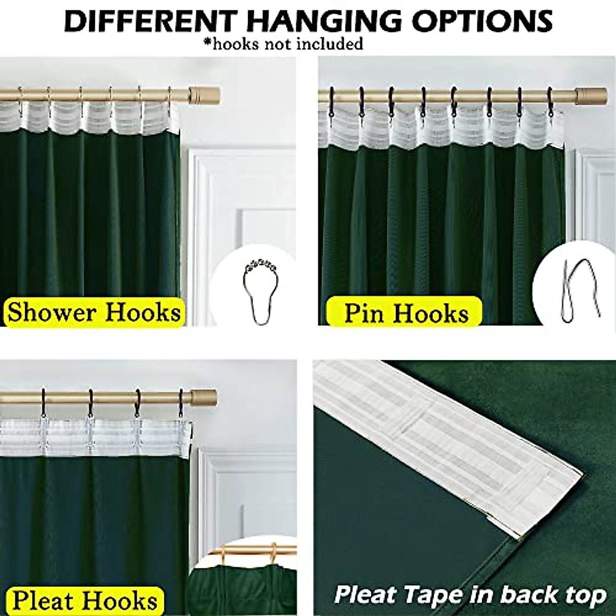 Timeper Green Blackout Velvet Curtains 96 inches Vintage Style Dark Green Velvet Drapes Light Blocking Thermal Insulated for Bedroom, Office, W52 x L96, 2 Panels, Back Tab Design