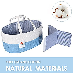 Large Baby Diaper Caddy Organizer Blue 100% Cotton Rope Basket Nursery Storage Bin Portable for Changing Table/Car Hanging Travel Bag Tote Newborn Registry Must Have Baby Boy Shower Gift Basket