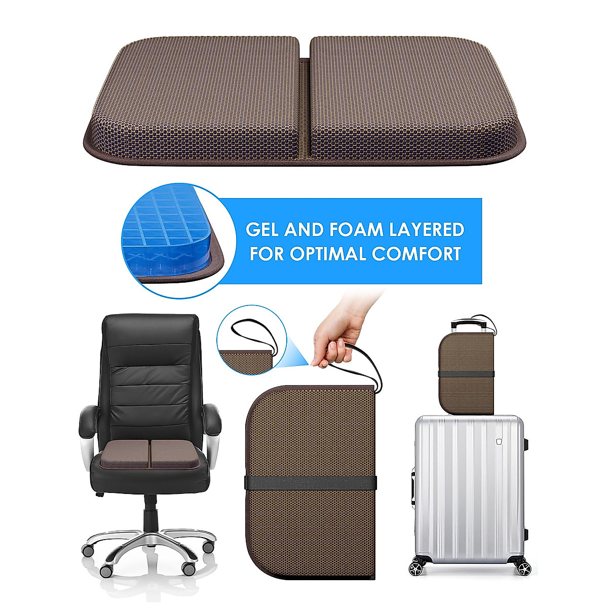 WISIMMALL Gel Seat Cushion Portable Massage Travel Cushions, 14.5" x 10.5" Thick Foldable Seat Cushion for Car Office Chair Wheelchair Hip, Coccyx, Sciatica, Pressure Sores Tailbone Pain Relief