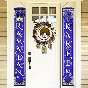 Ramadan Kareem Hanging Banner Decorations - 72x12 Inch Ramadan Banner Front Door Porch Sign Decorations for Home Indoor Outdoor, Eid Mubarak Backdrop Ramadan Mubarak Party Decorations