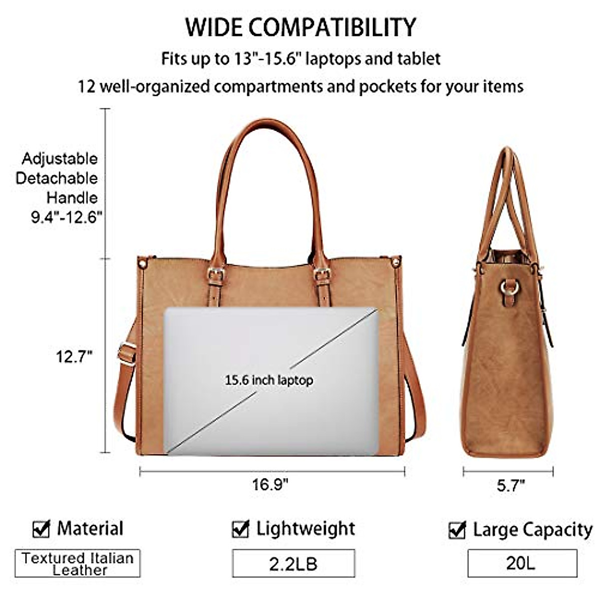 Laptop Bag for Women 15.6 Inch Waterproof Lightweight Leather Laptop Tote Bag Womens Professional Business Office Work Bag Briefcase Large Computer Bag Shoulder Handbag Brown