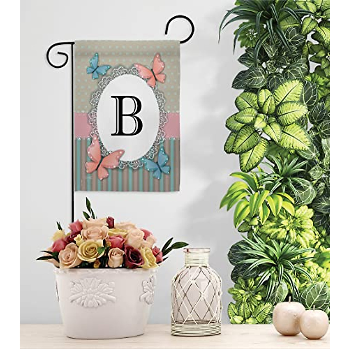 Breeze Decor B Initial Garden Flag Set Wall Hanger Monogram Friends Bugs & Frogs Butterfly Ladybugs Dragonfly Bee Springtime Insect Natural Wildlife House Yard Gift Double-Sided, Made in USA