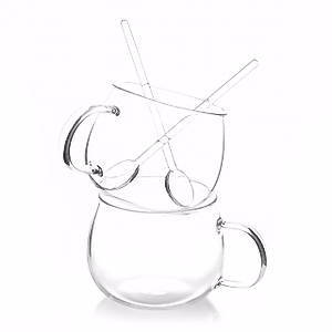Tortoise IT Glass Clear Crystal Drinks Tumbler Tea Mug Coffee Cup for Espresso Scented Tea Lover Gifts with Glass Stirring Bar, 10.1 Oz (300ml) Set of 2