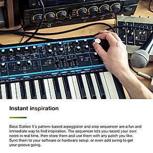 Novation Bass Station II Analog Monosynth – includes 64 factory patches, pattern-based step sequencer and arpeggiator, two oscillators plus an additional sub oscillator.