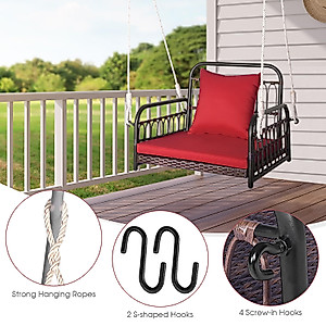 HAPPYGRILL Hanging Porch Swing, Single Person Outdoor Hanging Seat w/Back Cushion & Seat Cushion, Ropes, Porch PE Wicker Swing, Perfect for Garden, Deck, 400 lbs Capacity