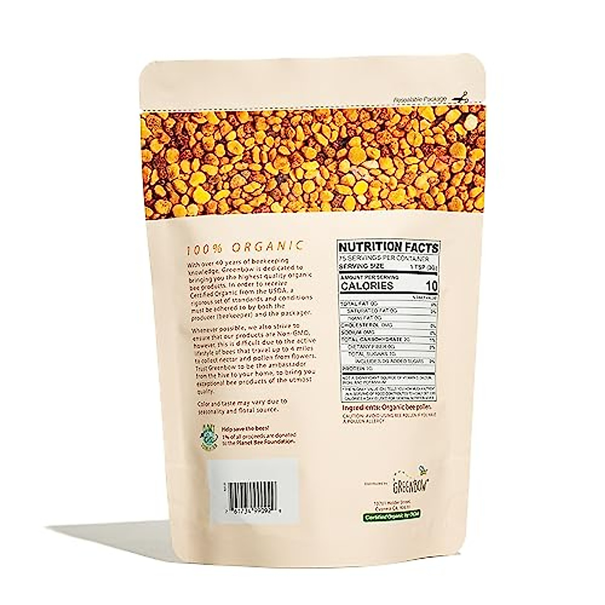 Greenbow Organic Bee Pollen - 100% USDA Certified Organic, Non-GMO, Pure, & Natural Bee Pollen - Superfood Packed w/Proteins, Vitamins & Minerals (8oz)