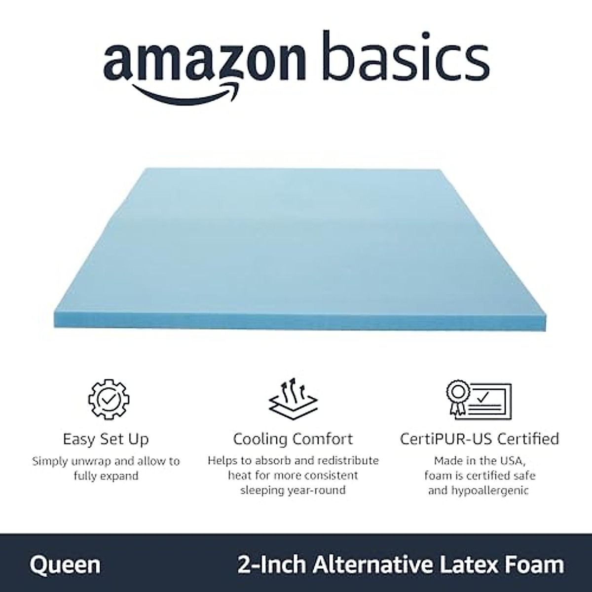 Amazon Basics Queen Mattress Topper, Cooling Gel-Infused, CertiPUR-US Certified, 2 Inches, Blue