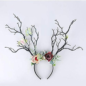 XIDAJIE Deer Antler Flower Crown Headbands Halloween Chritmas Long Antler Flower Branches Headband Props Horns Headpieces Hair Band Photo Shoot Forest Goddess Headdress Headwear, Navy