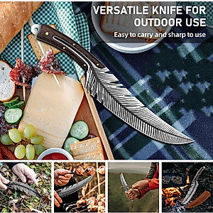 AIRROAD Feather Carving Knife,8 inch Boning Butcher Knife for Meat Cutting, Hand Forged High Carbon Steel Viking Fillet Knife for Brisket Outdoor Camping BBQ Cooking Knife with Sheath Gift for Dad