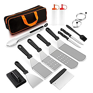 Griddle Accessories Kit of 16, HaSteeL Stainless Steel Teppanyaki Tools for Flat Top Grill Hibachi Camping BBQ, Heavy Duty Metal Spatulas, Chopper, Steak Knives, Bottles, Carrying Bag, Easy to Clean
