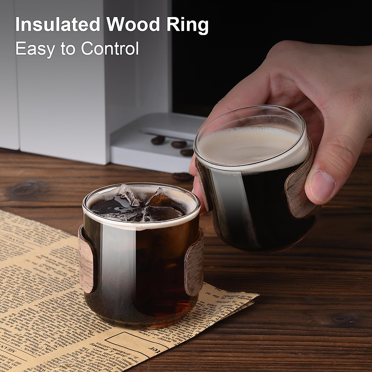 PARACITY Espresso Cups Set of 2 with Wooden Ring, 5 OZ High Borosilicate Espresso Shot Glass, Clear Small Expresso Shots Cup, Espresso Accessories