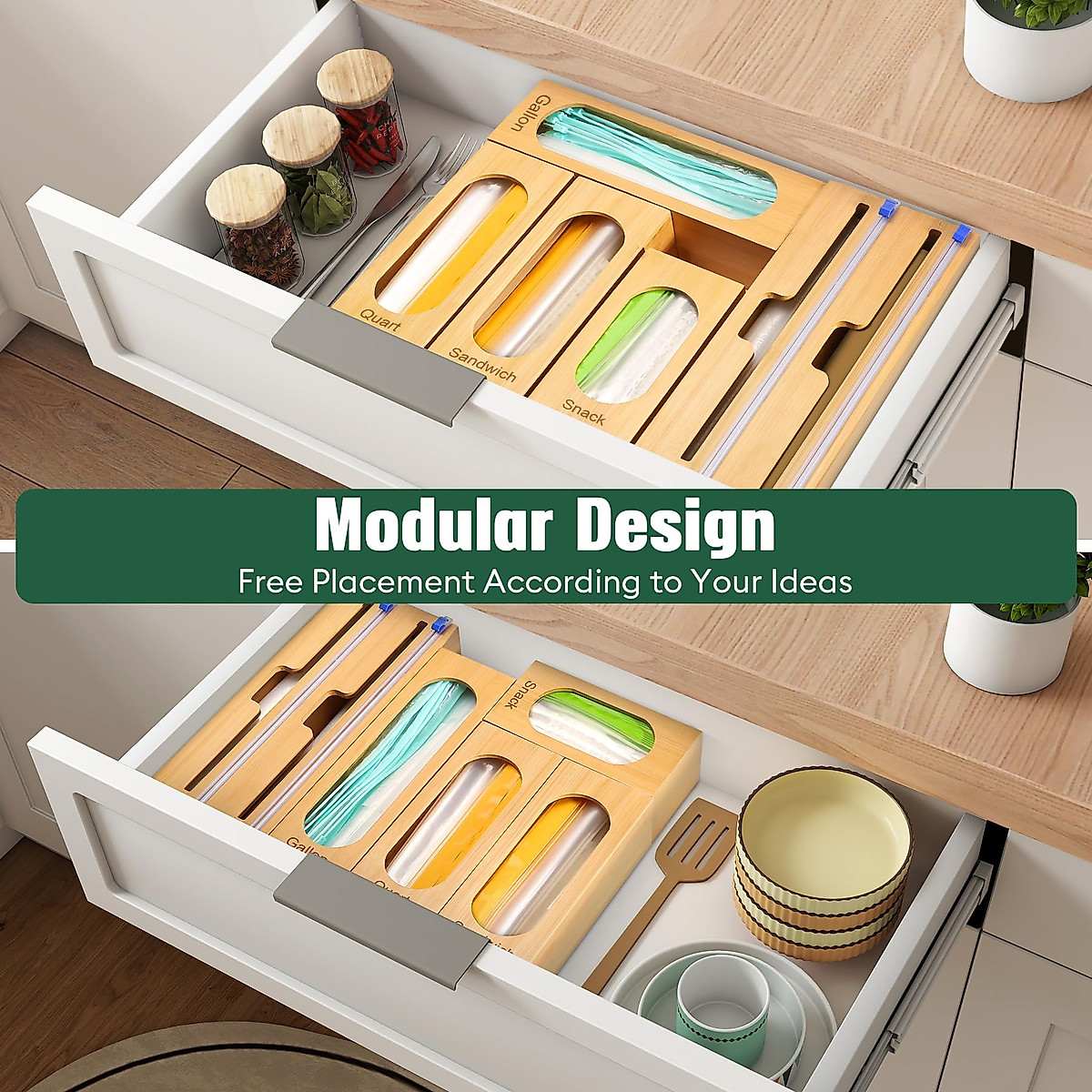 Openable Bamboo Ziplock Bag Storage Organizer & Foil and Plastic Wrap Organizer, Plastic Wrap Dispenser with Cutter and Ziplock Bag Organizer for Kitchen Drawer, 5 Baggie Organizer for Gallon,Quart,Sandwich,Snack