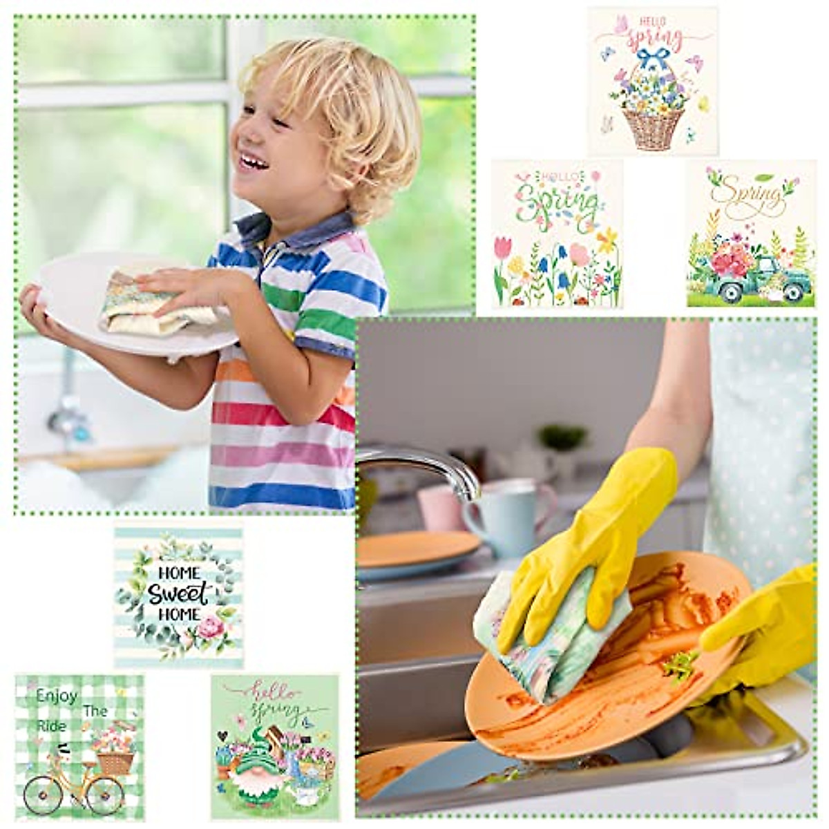 Rtteri 6 Pcs Spring Swedish Kitchen Dishcloths Spring Kitchen Dishcloths Reusable Dishcloths Floral Bike Gnome Kitchen Cloths Absorbent Dish Rags Farmhouse Housewarming Gift for Home Decoration