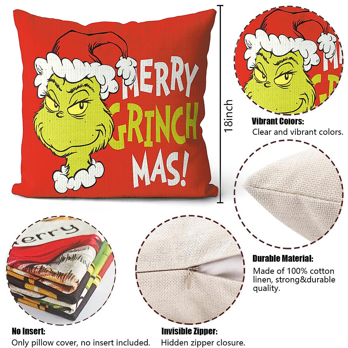 Merry Christmas Throw Pillow Covers 18 x 18 Inches Merry Girnchmas Buffalo Plaid Pillowcase Happy New Year Farmhouse Pillow Case Xmas Decoration for Living Room Sofa Bed Home Set of 4 (Christmas-03)