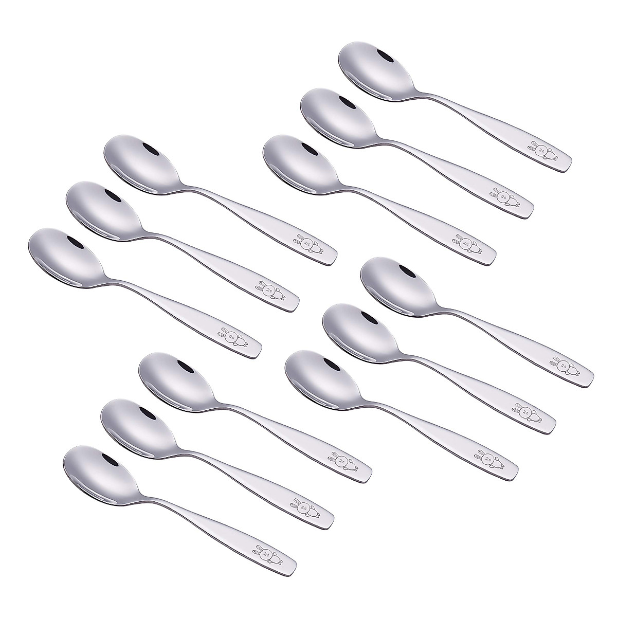 ANNOVA Kids Silverware Children&#039;s Safe Flatware Set Stainless Steel - 12 x Children Dinner Spoons, Toddler Utensils, Metal Cutlery Set for LunchBox (Engraved Dog Bunny) (Stainless Steel, 12 Spoons)