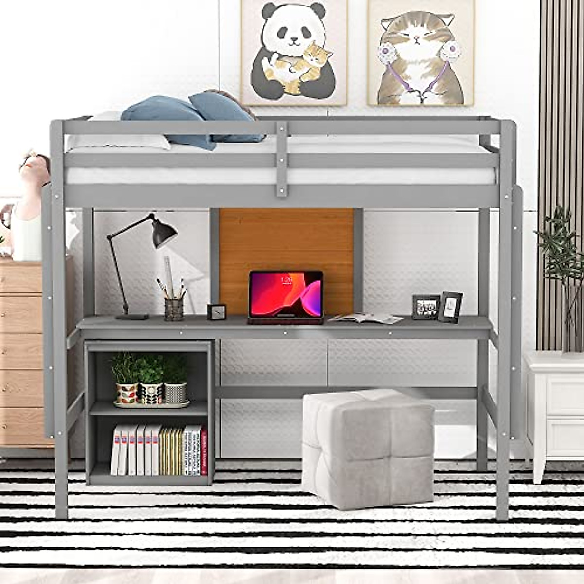BOVZA Twin Size Loft Bed with Desk and Writing Board, Wood Loft Bed Frame with 2 Drawers Cabinet and 2 Side Ladders, Gray