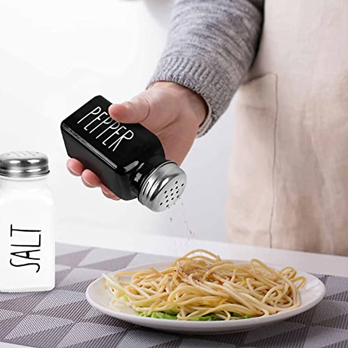 2 Pack Salt and Pepper Shakers Set, Glass Salt Shaker with Stainless Steel Lid, Modern and Cute Farmhouse Salt and Pepper Set (Black and White)