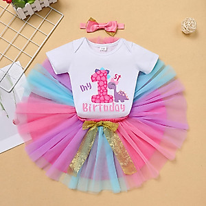 Pink Dinosaur Party Supplies 1ST Birthday Boho Rainbow Tutu Outfit for Baby Girl Wild One Year Old Party Cake Smash Photo Shooting Props Spring Easter Dress Headband Clothes Set Rose Gold 12 Months