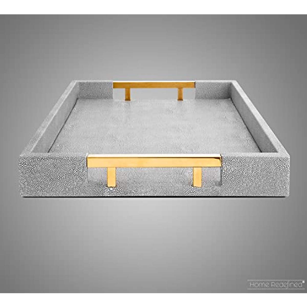 Modern Elegant 18"x12" Rectangle Grey Glossy Shagreen Decorative Ottoman Coffee Table Perfume Living Room Kitchen Serving Tray with Gold Polished Metal Handles by Home Redefined for All Occasion's
