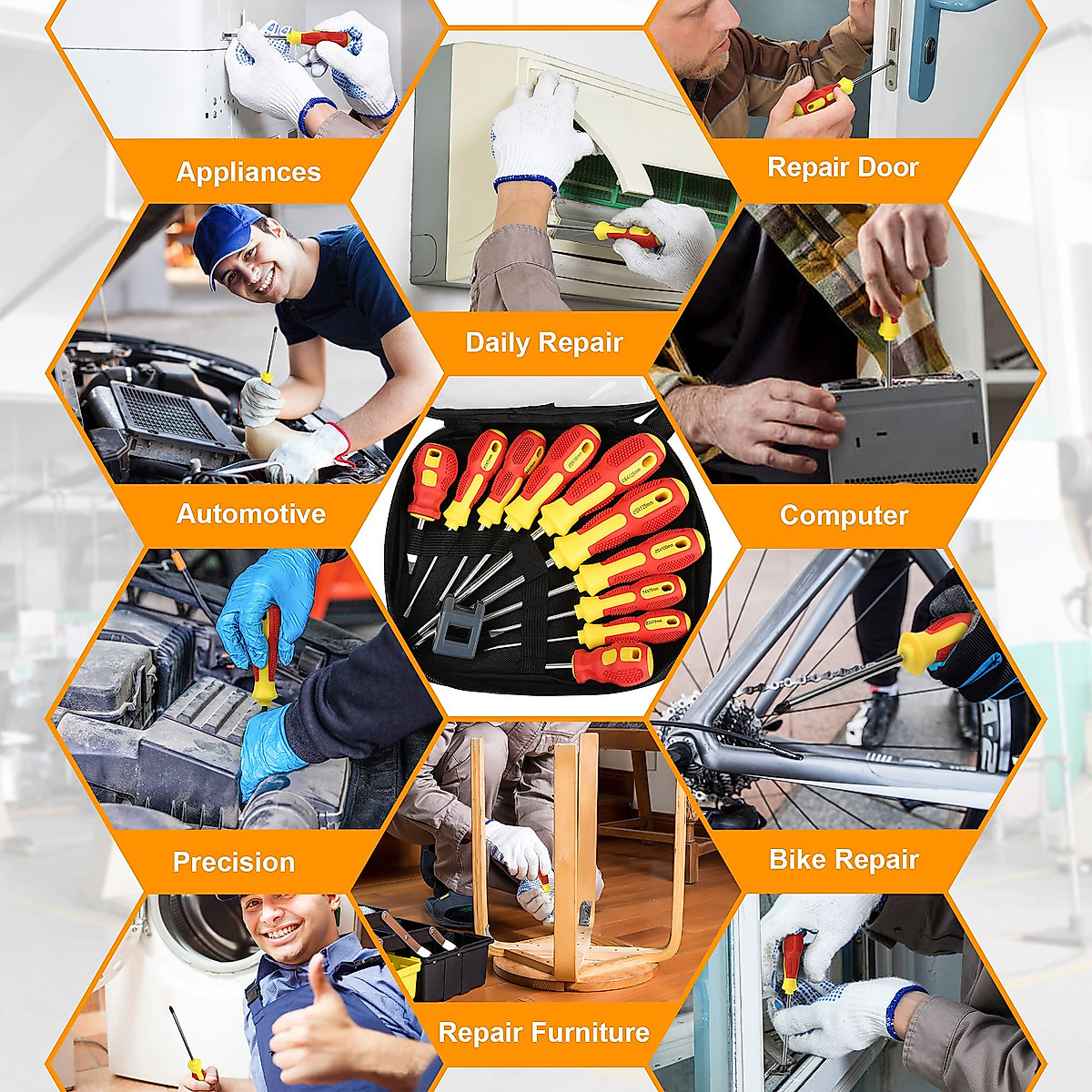 VHEONET Magnetic Screwdriver Sets 10 PCS,Craftsman Screwdriver Set with Bag,Flat Head Phillips Screwdriver, Non-Slip Cushion Grip for Repair Home Improvement,Red & Yellow