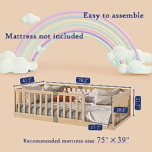 Tatub Twin Floor Bed with Safety Guardrails, Montessori Floor Bed for Kids, Wood Kids Floor Beds Frame, Entry Can Install Left and Right, Twin-Nature