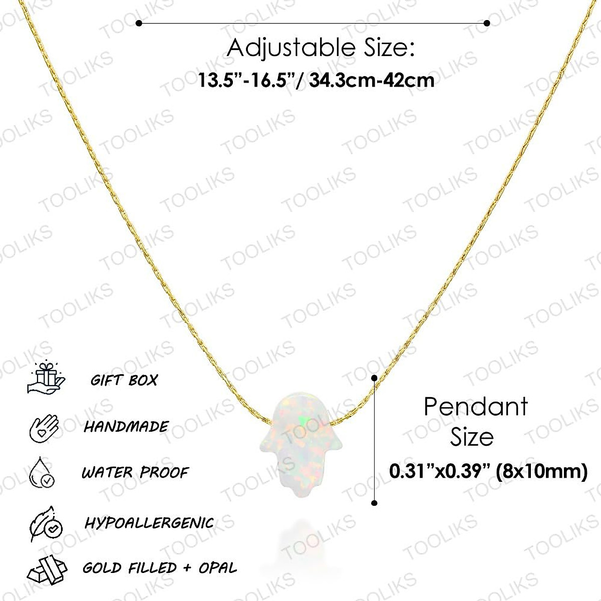 Delicate 14K Gold Filled Opal Hamsa Choker Necklace - Designer Handmade Minimalist Collar with Small White Hand - 13.5 inch + 3 inch extending chain