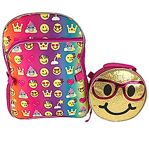 Emoji 16" Inch Backpack & Lunch Bag Set - Emojicon Style With Gold Sequin Removable Lunchbag