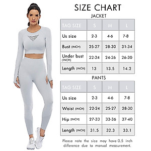 JOLLMONO Workout Sets for Women 2 Piece Yoga Gym Outfits Seamless Ribbed Leggings with Long Sleeve Tops(8003S-Ice grey)