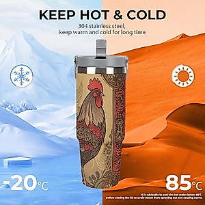 BWQJKUO Large Capacity Car Cup 30 Oz Stainless Steel Old Rooster Illustration Printed Travel Mug Leak-proof Flip Straw Tumbler with Handle,keeps Cold Or Ho