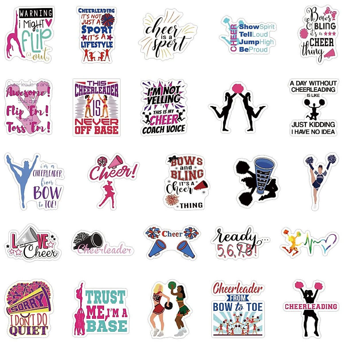 Cheer Stickers | 50pcs Waterproof Cheerleading Stickers, Cheer Vinyl Decal for Water Bottle Laptop Megaphone Bike Scrapbooking, Bulk Cheerleading Gifts for Cheerleaders Teens Boys and Girls