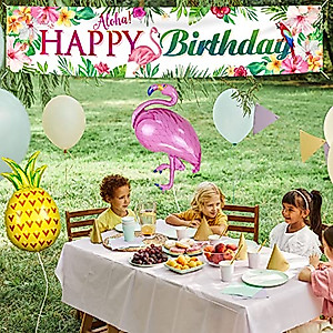Large Hawaiian Aloha Happy Birthday Banner Luau Party Decorations Tropical Flamingo Birthday Banner Yard Sign for Indoor Outdoor Hanging Supplies Decor with Flamingo Pineapple Balloons