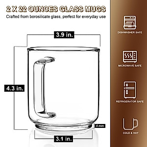 Aquach 22oz Borosilicate Glass Mug Set - Dishwasher and Microwave Safe, Elegant Design for Coffee and Tea, 2-Piece Set